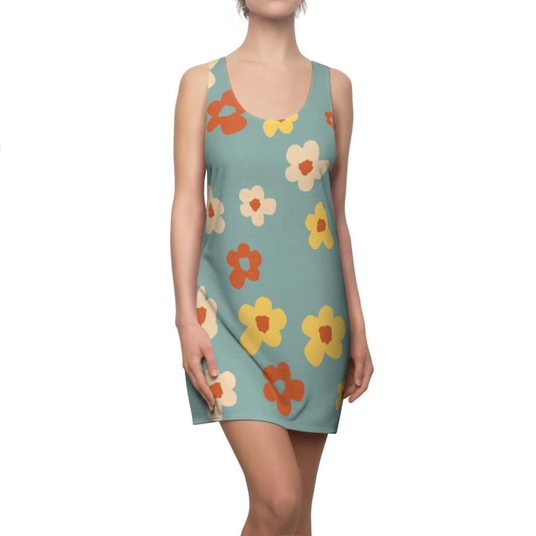 Hippie retro beach dress Racerback swinging 60s flower dress party mini ...