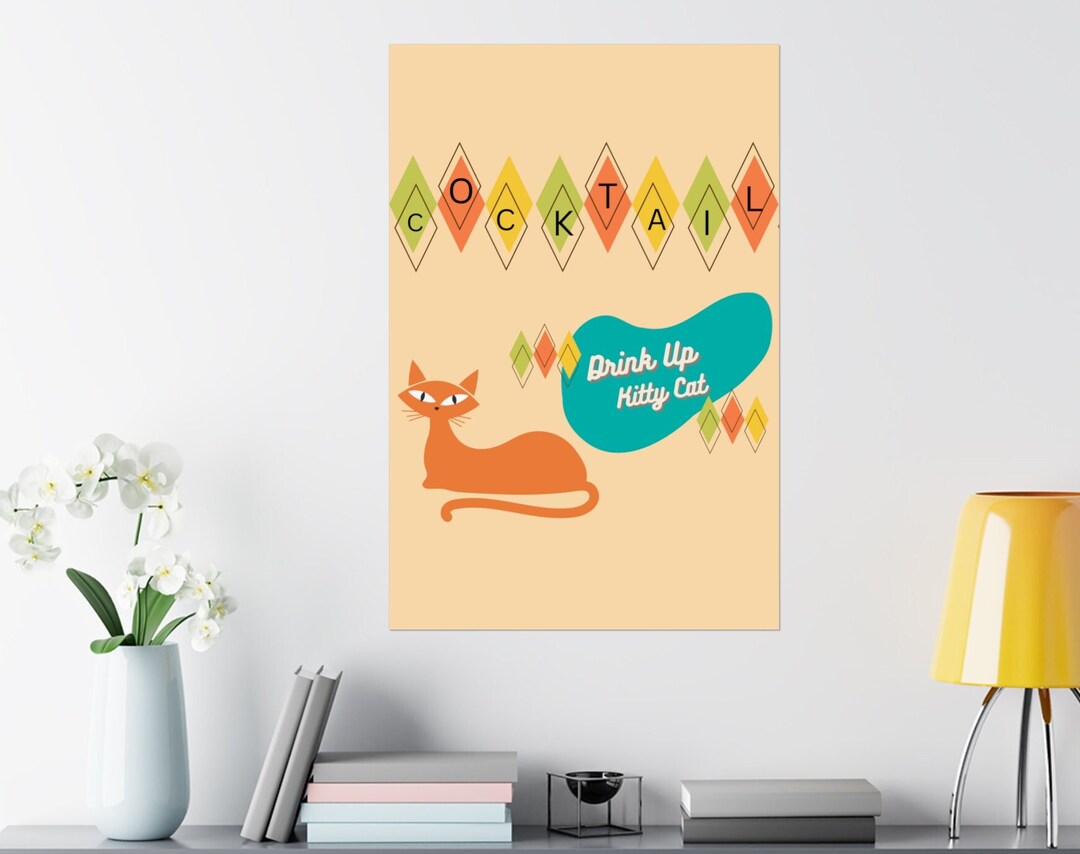 Matte Poster With Atomic Cat Cocktail Theme Bar Art or Bar Cart Retro ...