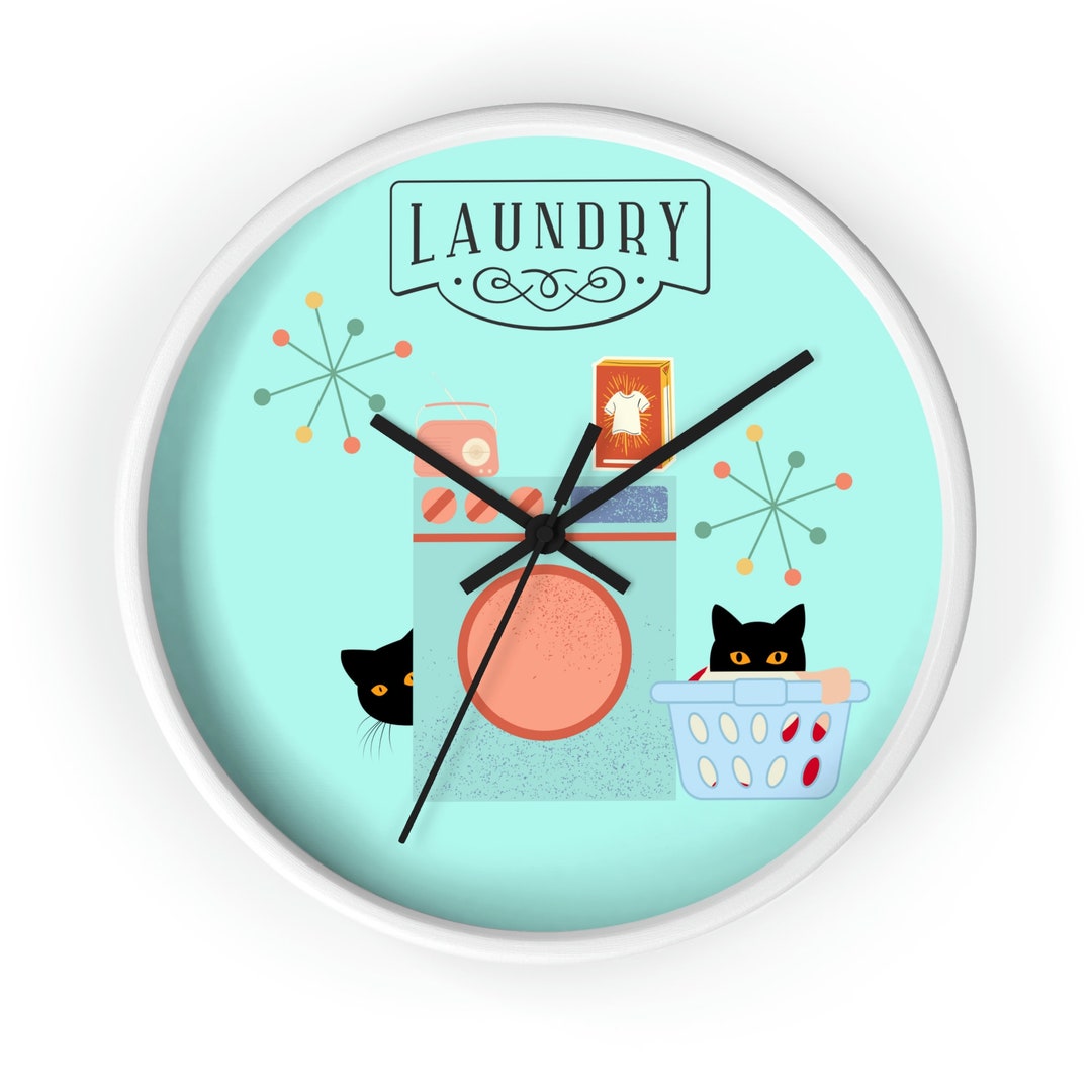 Retro Laundry Wall Clock With Groovy Cats Laundry Themed Hanging Clock ...