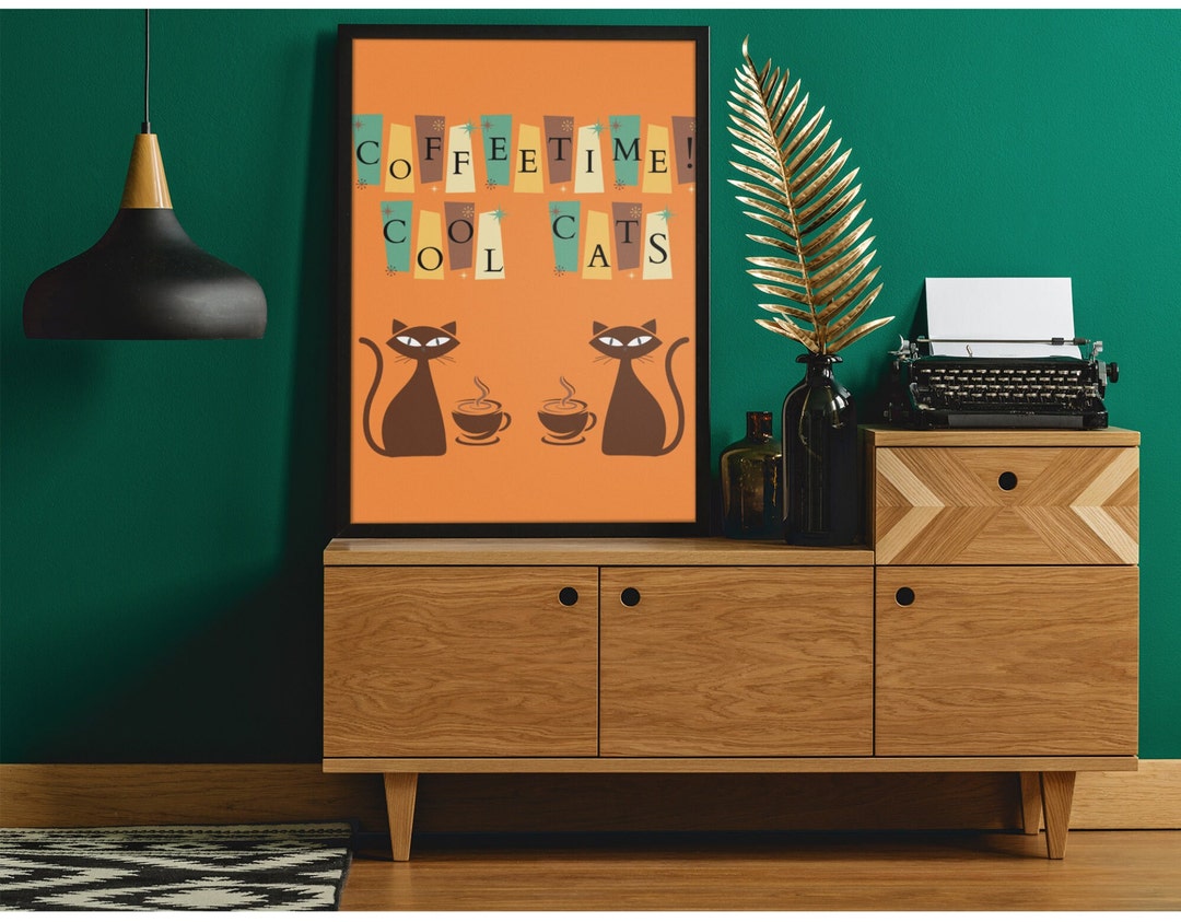 Mid-century Cat & Coffee Canvas Wall Art: Funky Kitchen Decor - Etsy