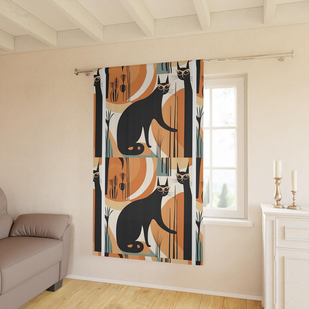 Retro Cat Window Curtains: Mid Century Modern Style, Cat Lover Decor - Etsy
