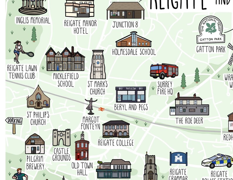 Map of Reigate and Redhill - Illustrated Map - Reigate Map - Redhill ...