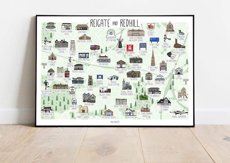 Map of Reigate and Redhill - Illustrated Map - Reigate Map - Redhill ...