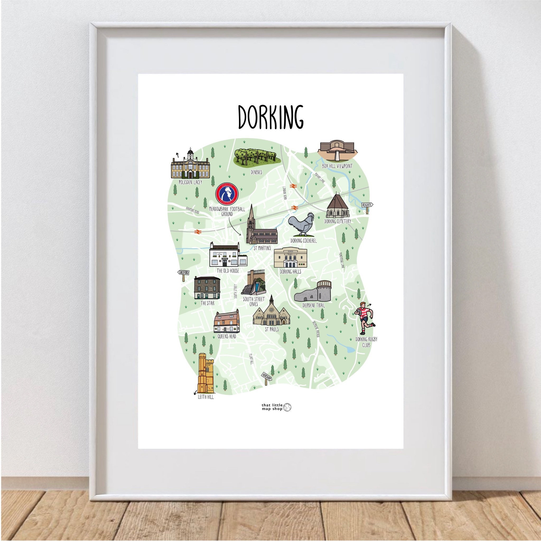 Dorking Map Print: Hand Drawn Illustrated Surrey Hills Art, Home Decor ...