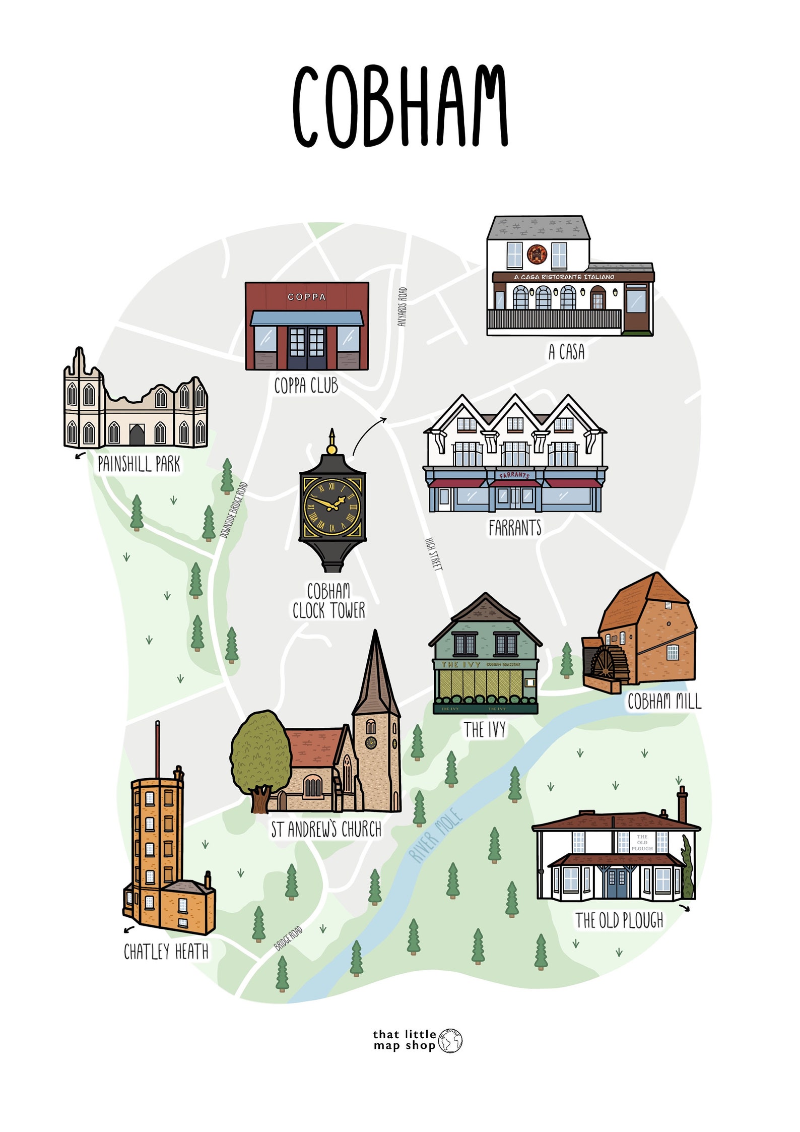 Map of Cobham Cobham Map Illustration Surrey Map Cobham - Etsy