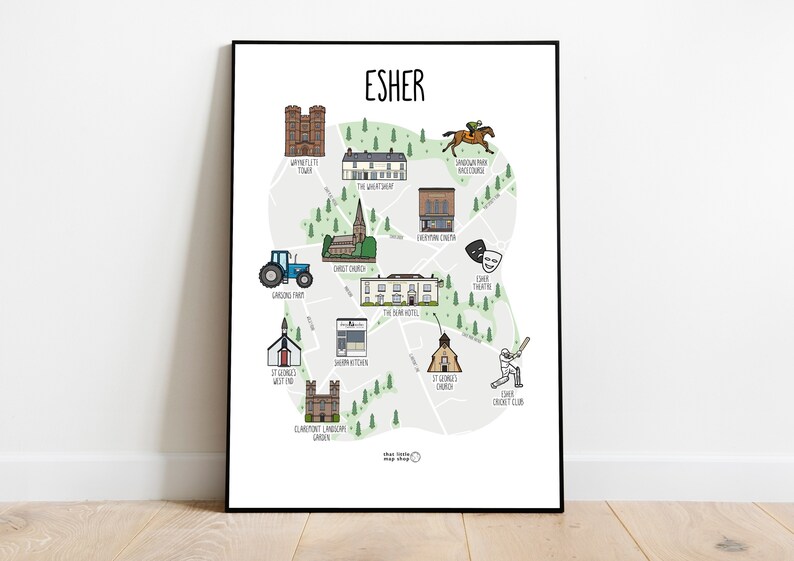 Map of Esher - Esher Map Illustration- Esher Surrey - Surrey Map - Gift ...