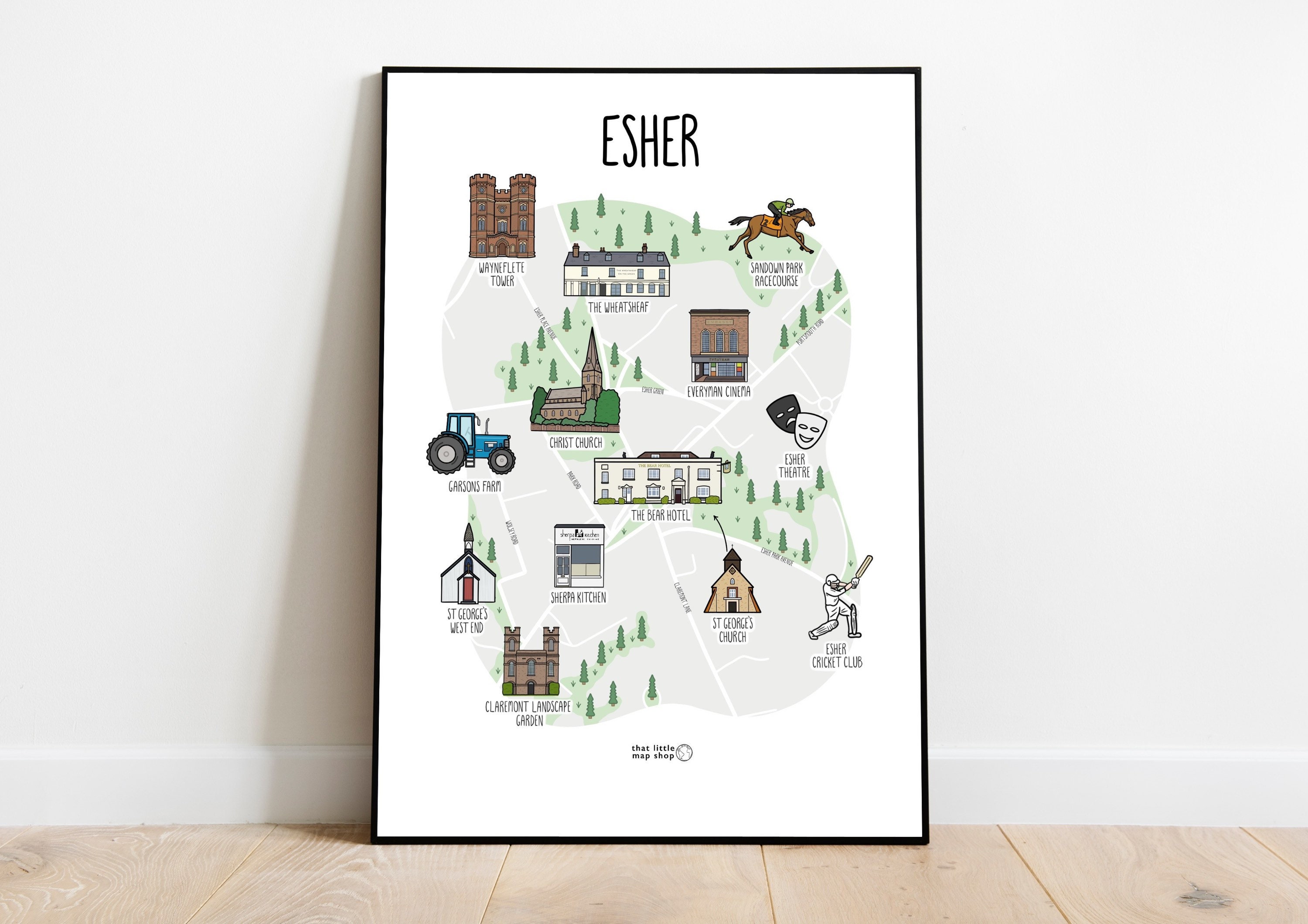 Map of Esher - Esher Map Illustration- Esher Surrey - Surrey Map - Gift ...