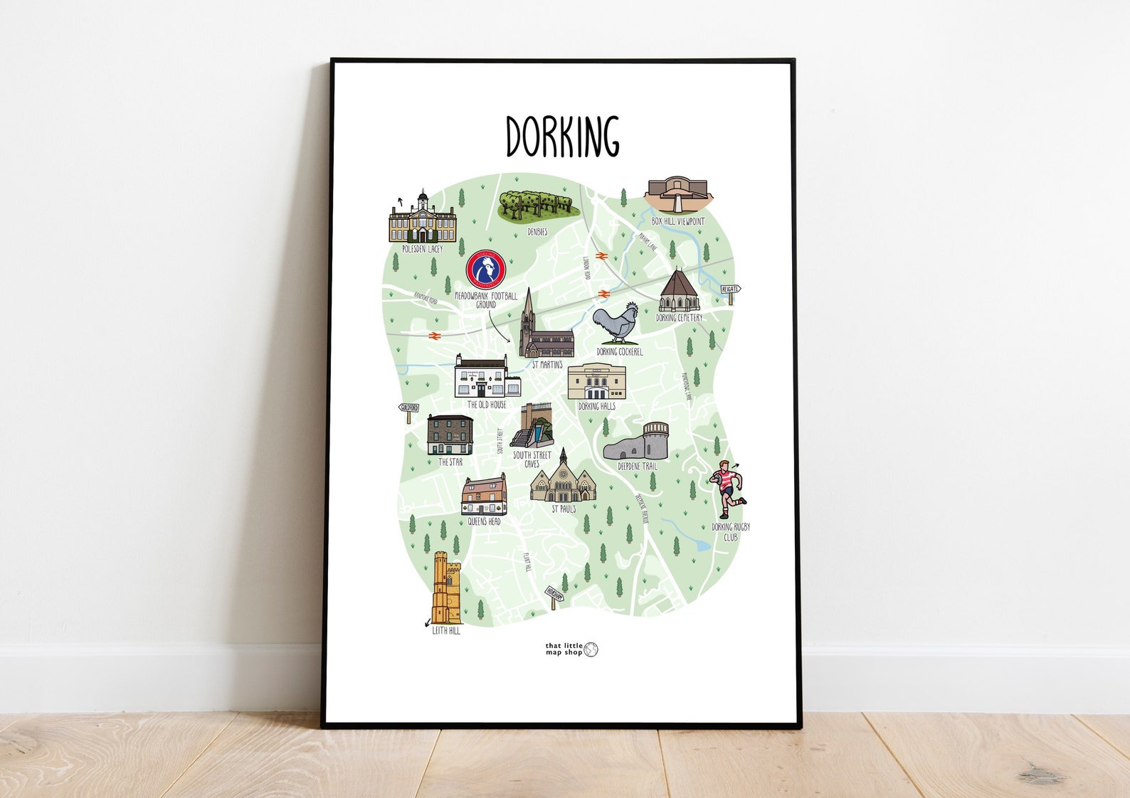 Dorking Map Print: Hand Drawn Illustrated Surrey Hills Art, Home Decor ...