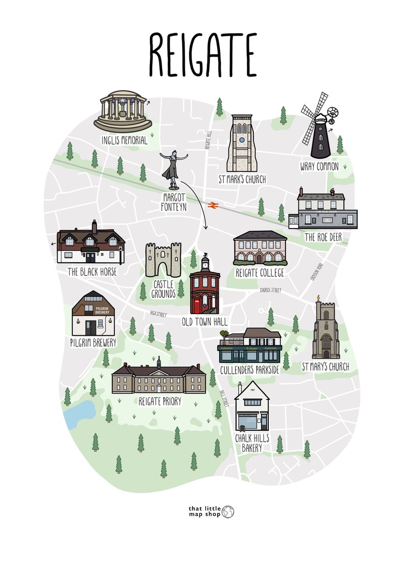 Map of Reigate (portrait) - Reigate Map Print - Hand Drawn Map ...