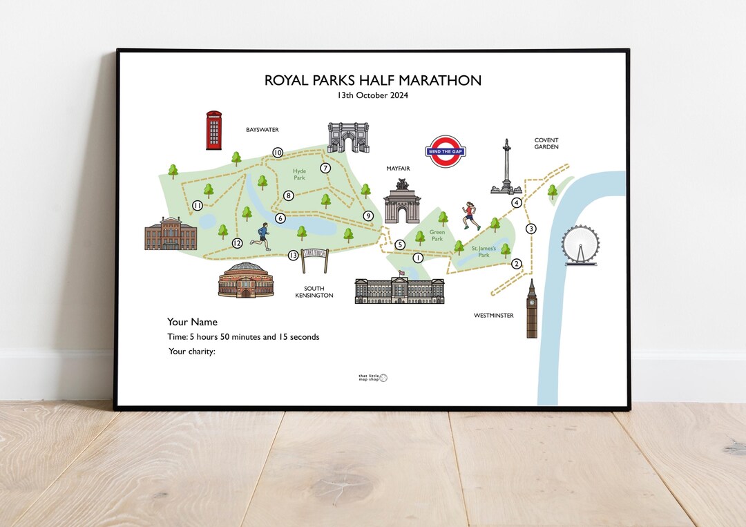Royal Parks Half Marathon Map - London Marathon - Custom Map - London ...
