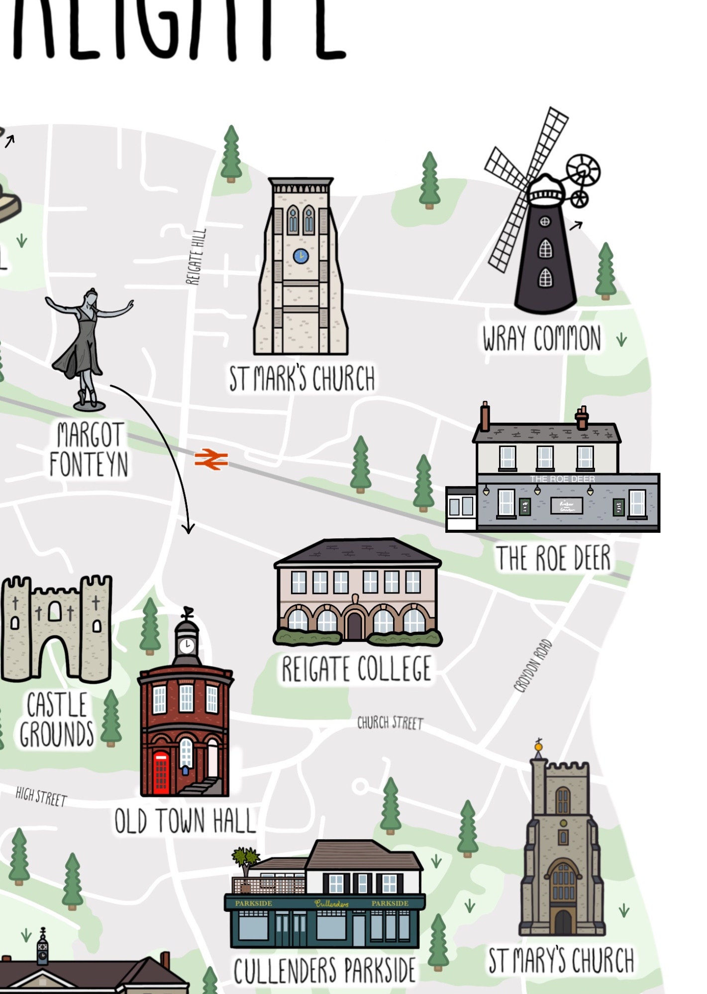 Map of Reigate portrait Reigate Map Print Hand Drawn Map Illustrated ...