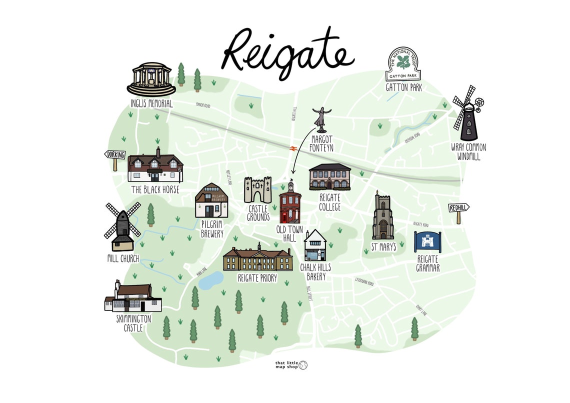 Map of Reigate landscape Reigate Map Print Hand Drawn - Etsy