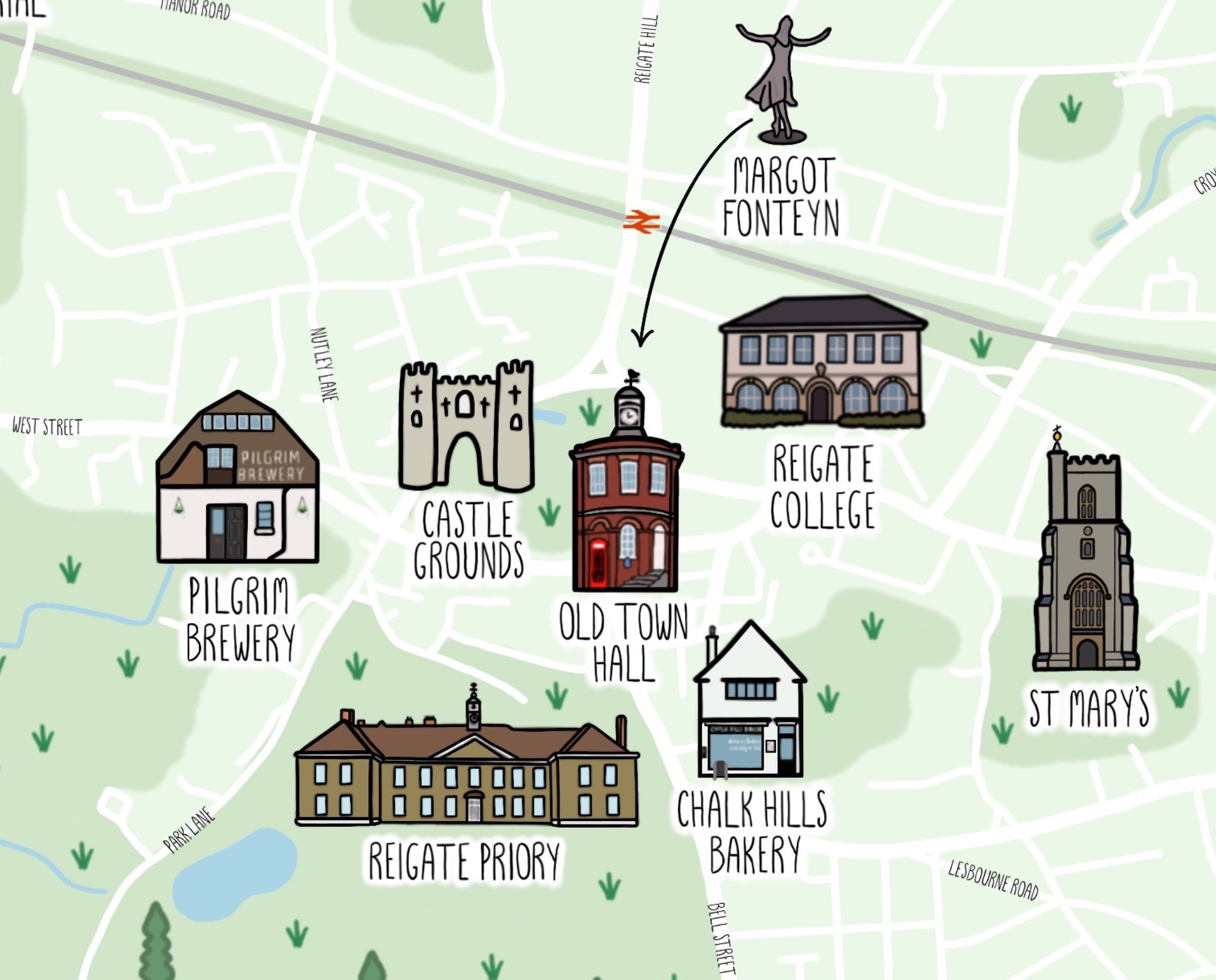 Map of Reigate landscape Reigate Map Print Hand Drawn - Etsy