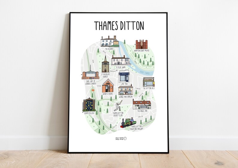 Thames Ditton Map Print: Surrey Illustrated Map, Wall Art Home Decor - Etsy