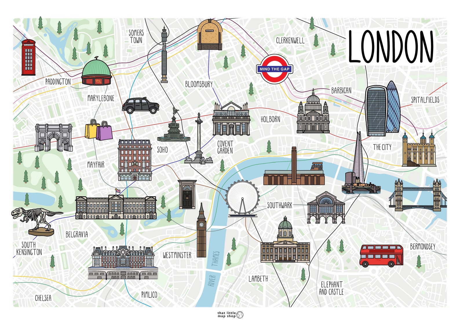 Illustrated London Map Print: Central London Landmarks Wall Art - Etsy