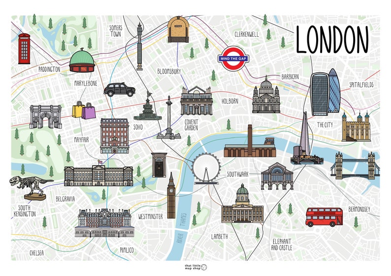 Illustrated London Map Print: Central London Landmarks Wall Art - Etsy ...