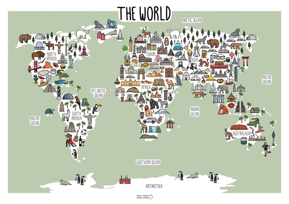 Map of the World - World Map Illustration - Illustrated Map of the World - Kids Map - World Map ...
