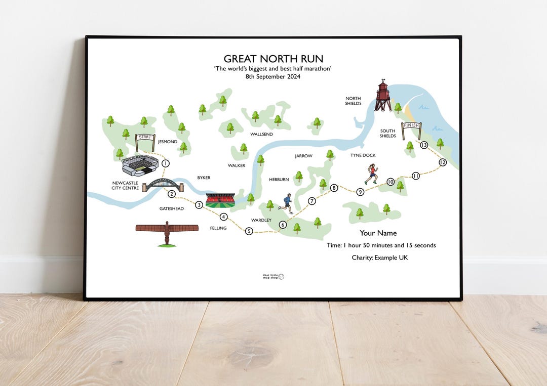 Great North Run Map - Half Marathon - Custom Map - Race Map - Marathon ...