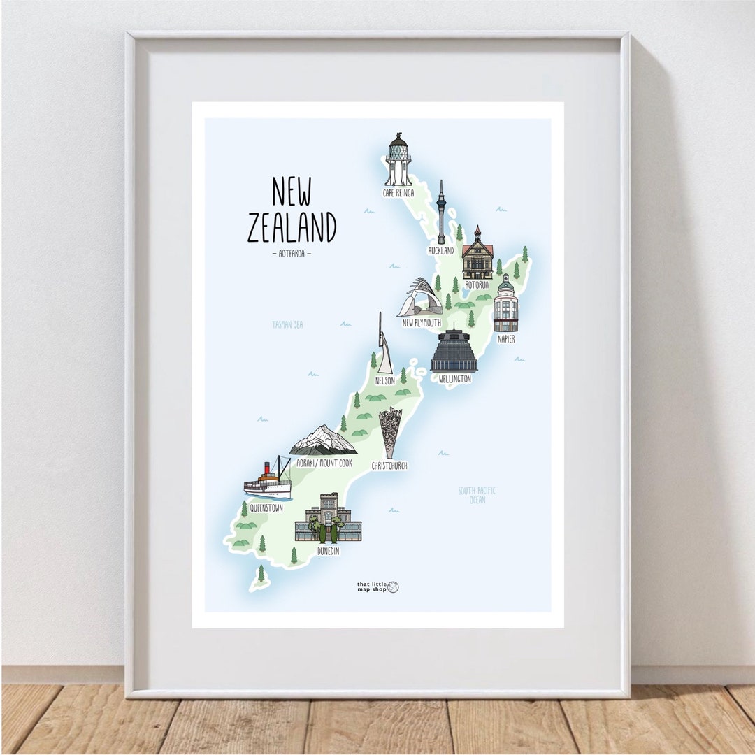 New Zealand Map Print: Hand Drawn Illustration, Travel Gift - Etsy