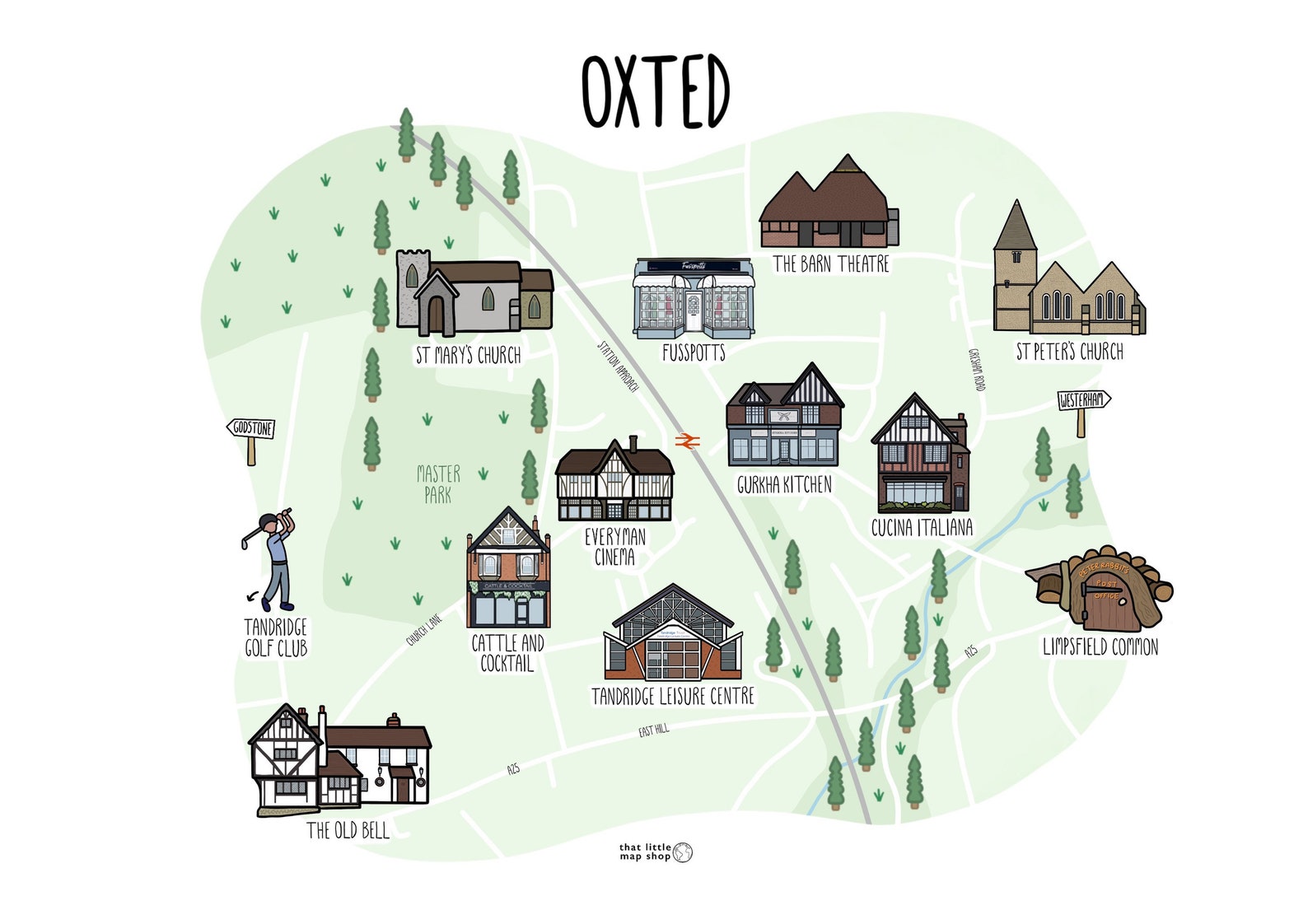 Map of Oxted Illustrated Map of Oxted Map Print of Oxted Oxted Surrey ...