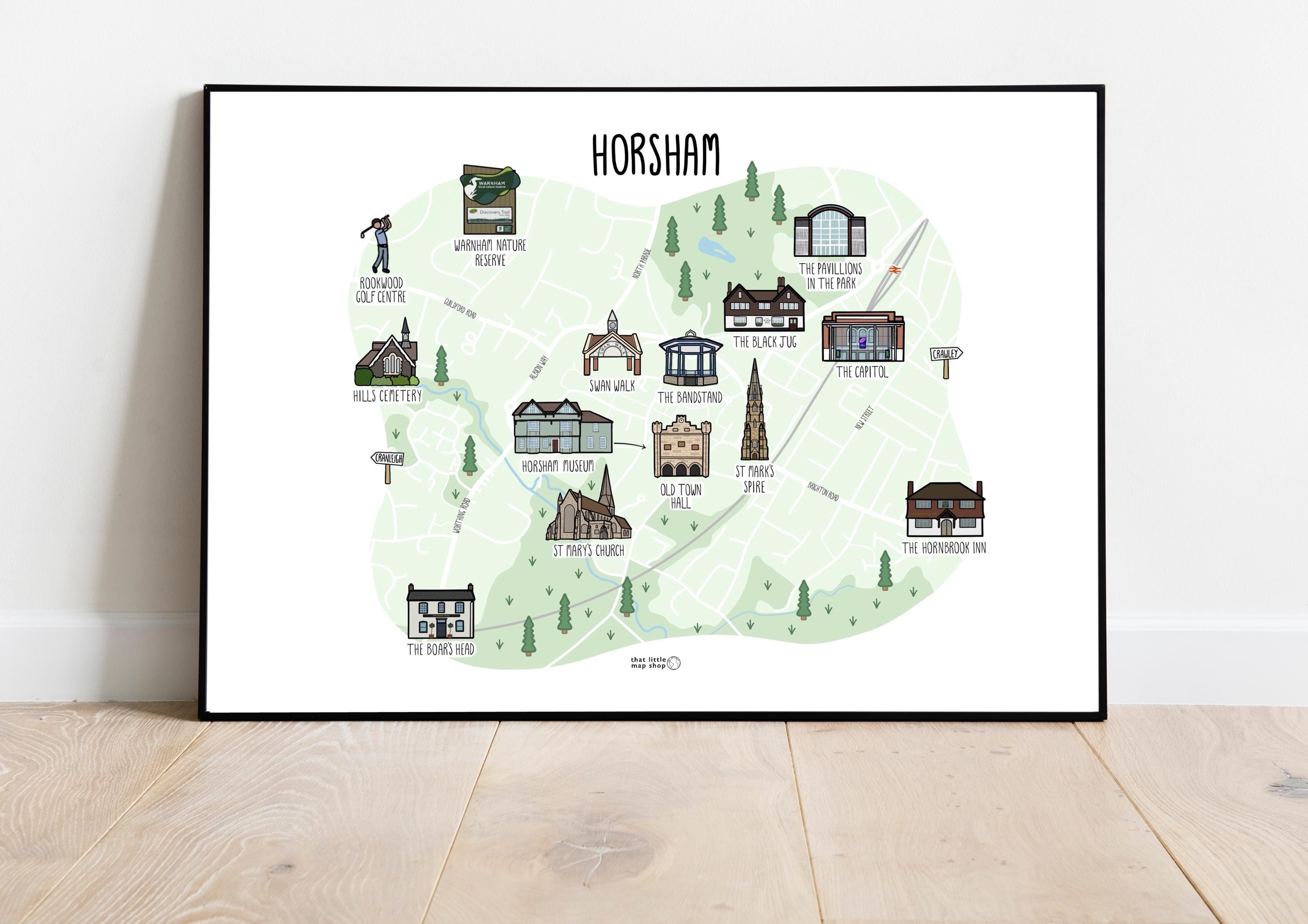 Horsham Map Print - Map of Horsham - Illustrated Map of Horsham ...