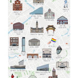 Illustrated Manchester Map Print: City Landmarks Wall Art - Etsy