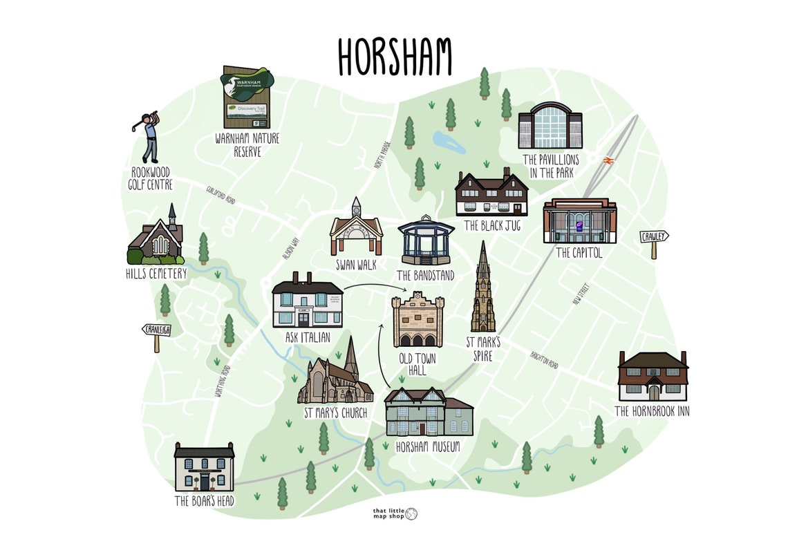 Horsham Map Print Map of Horsham Illustrated Map of Horsham Horsham Map ...