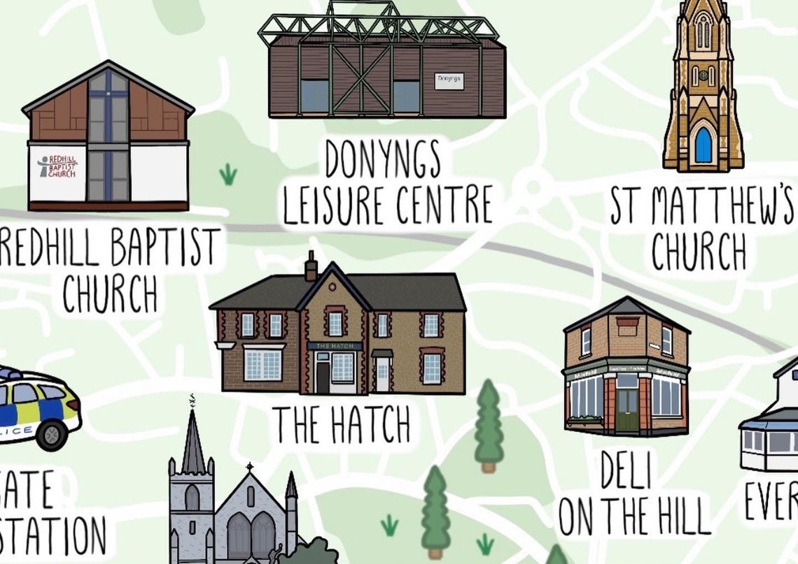 Map of Reigate and Redhill Illustrated Map Reigate Map | Etsy