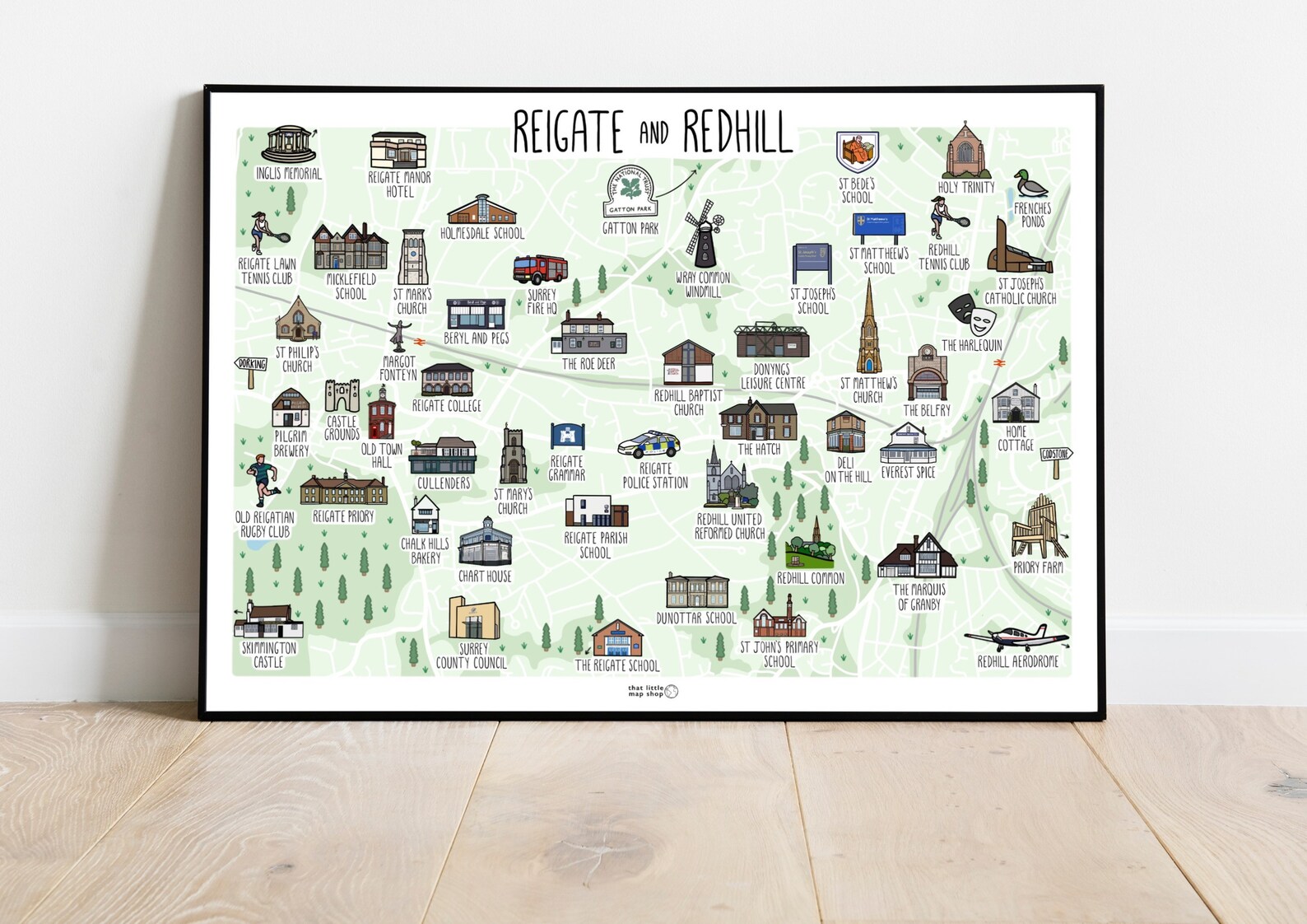 Map of Reigate and Redhill Illustrated Map Reigate Map | Etsy