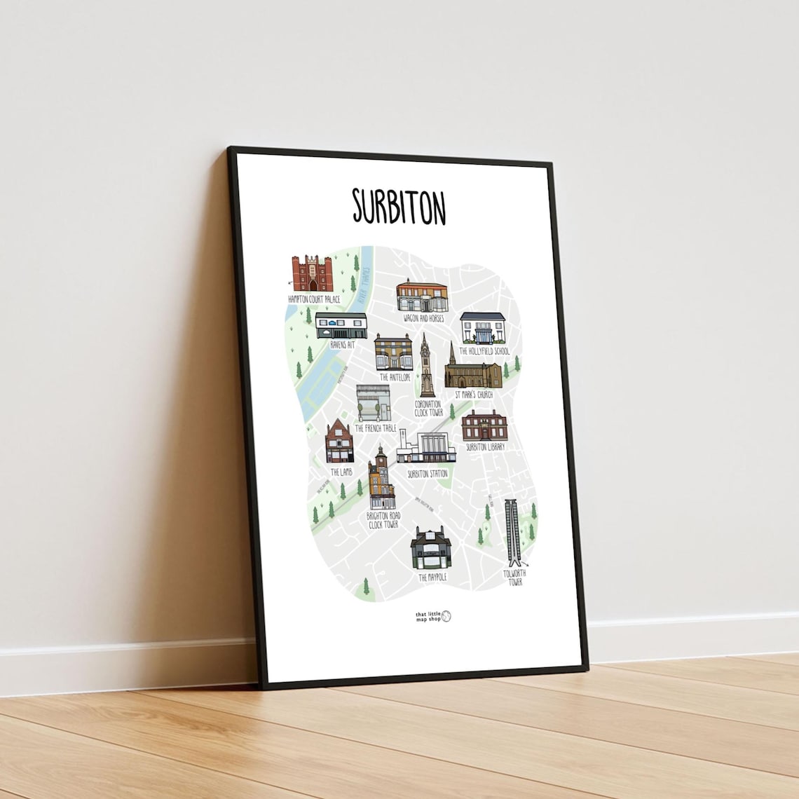 Surbiton Map Print: Illustrated London Landmarks, Wall Art Home Decor ...