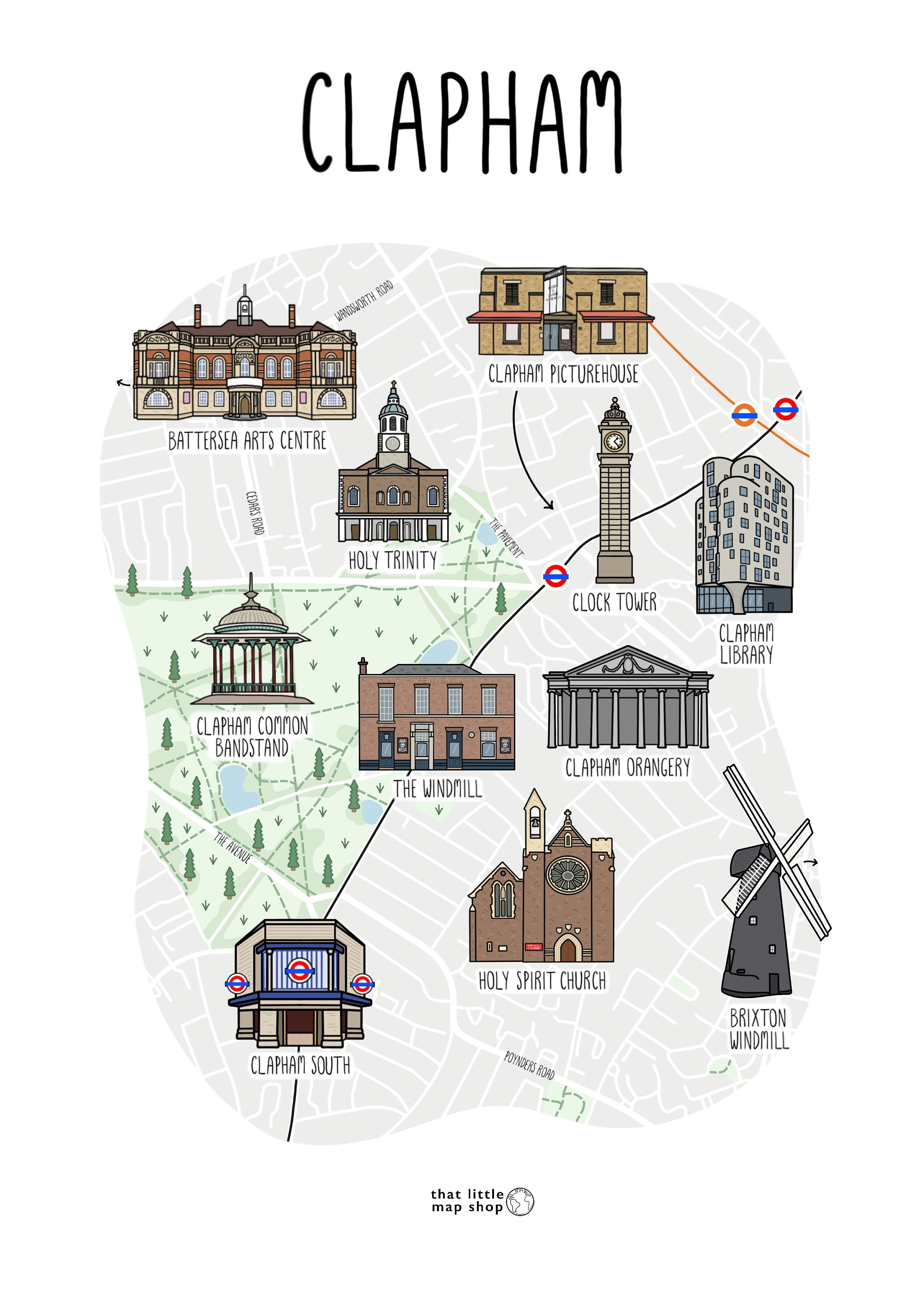 Map of Clapham - Illustrated Map of Clapham - Clapham London Map Print ...