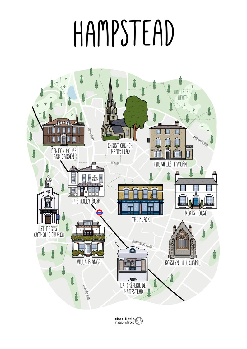 Map of Hampstead - Hampstead Map Illustration - Hampstead Heath London ...