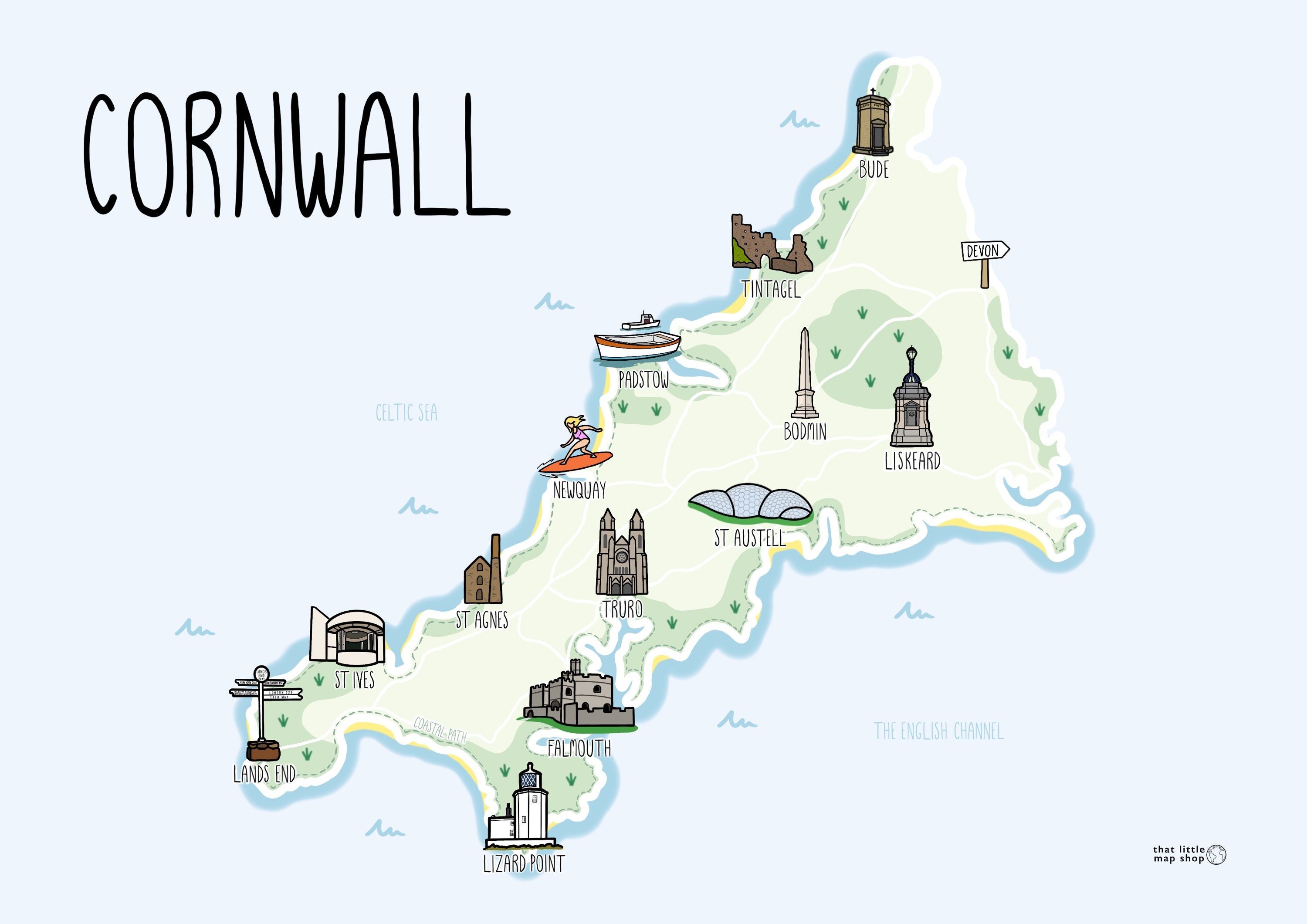 Cornwall Map Print - Kernow Map Print -illustrated Map of Cornwall ...