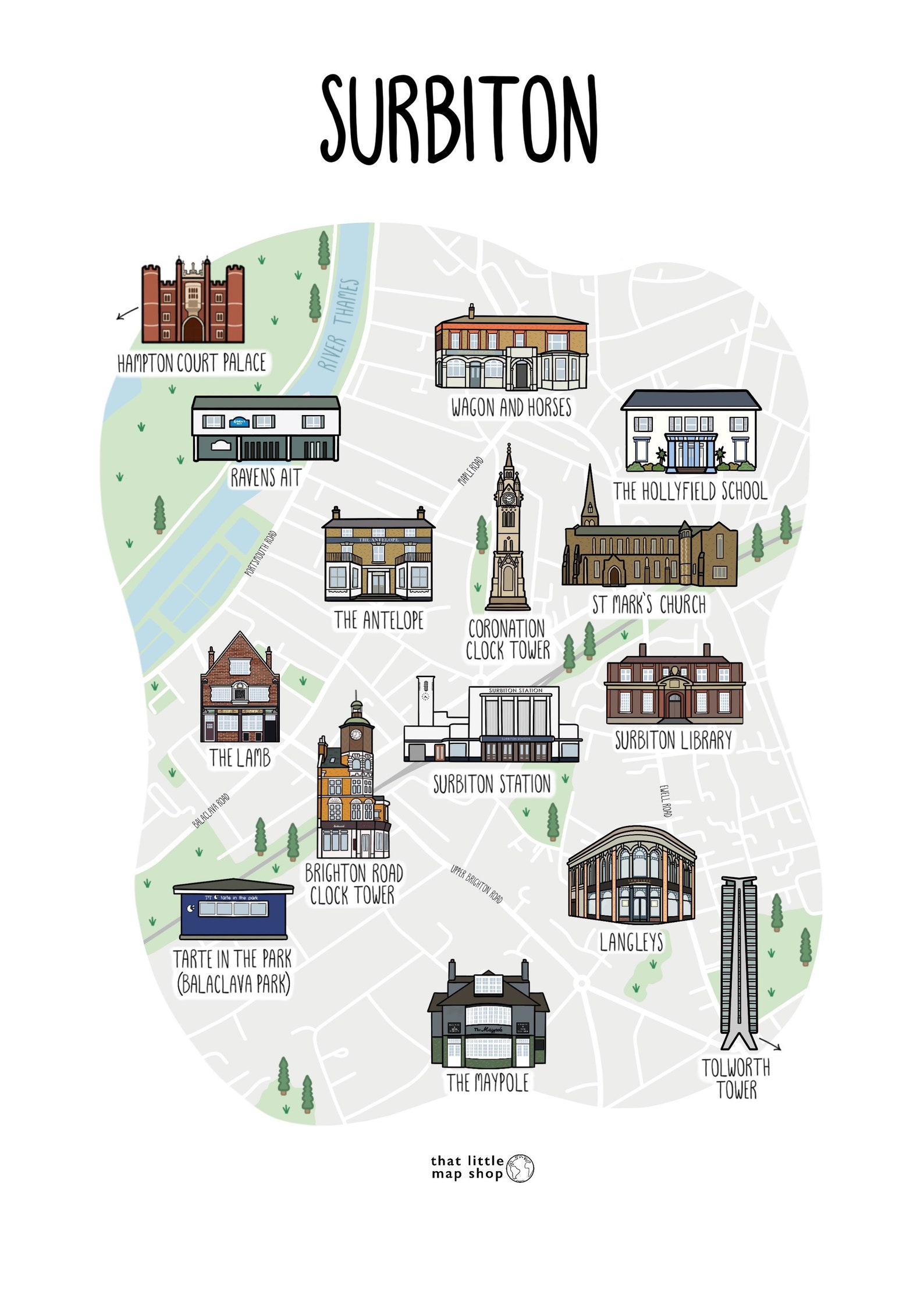 Map of Surbiton Illustrated Map of Surbiton Surbiton Map - Etsy