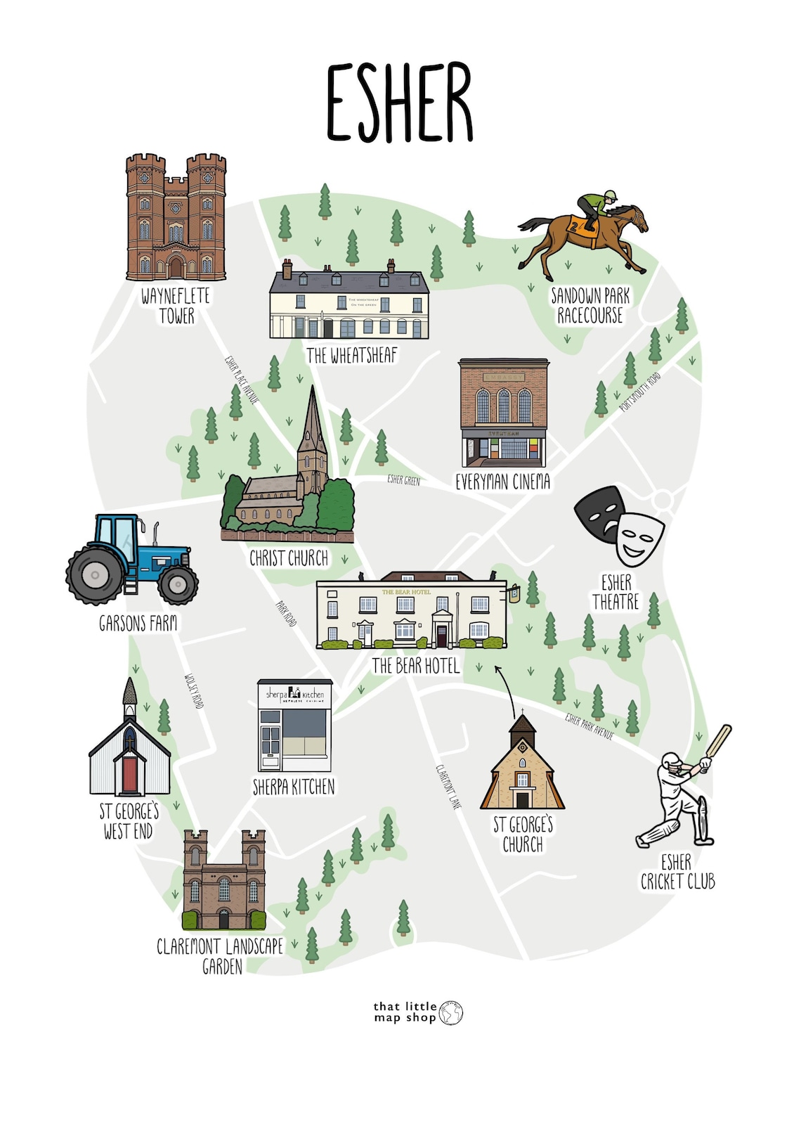Map of Esher - Esher Map Illustration- Esher Surrey - Surrey Map - Gift ...