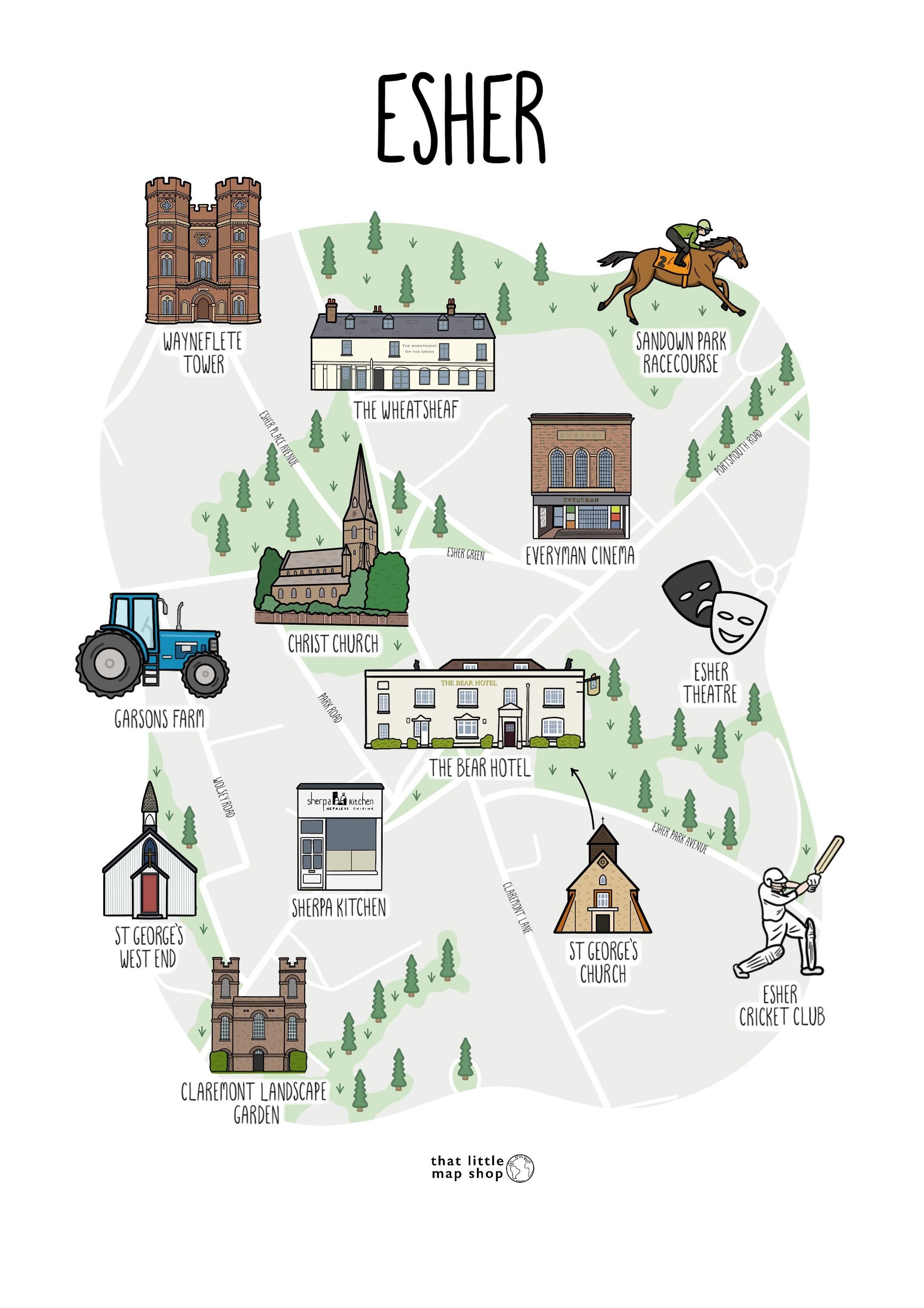 Map of Esher - Esher Map Illustration- Esher Surrey - Surrey Map - Gift ...