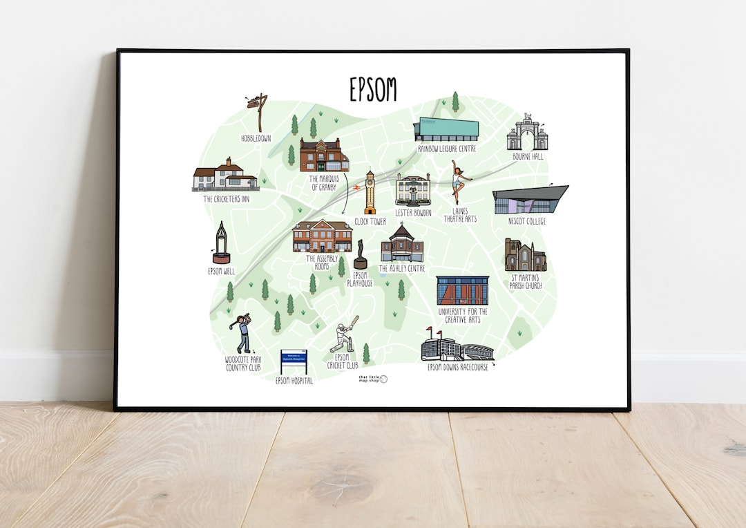 Epsom Map Print - Custom Illustrated Hand Drawn Map - Map of Epsom ...
