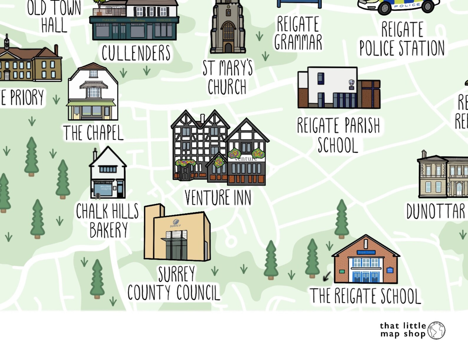 Map of Reigate and Redhill - Illustrated Map - Reigate Map - Redhill ...