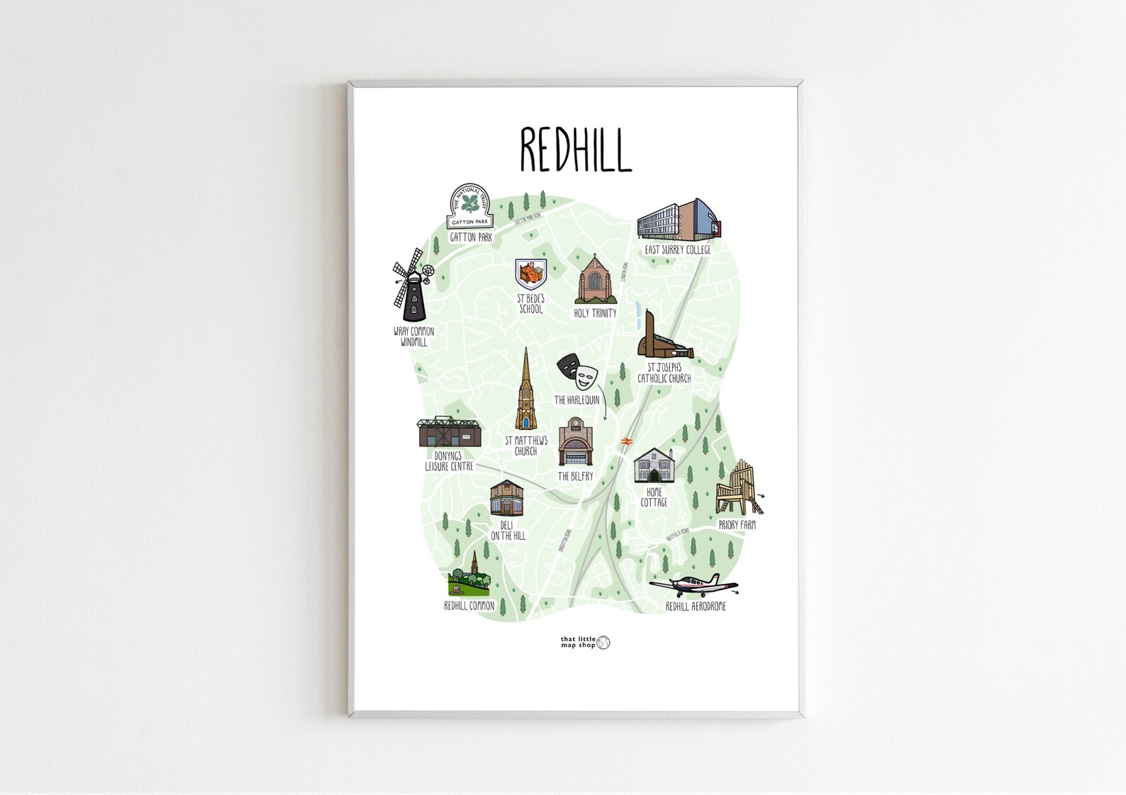 Map of Redhill Illustrated Map of Redhill Surrey Map Print | Etsy
