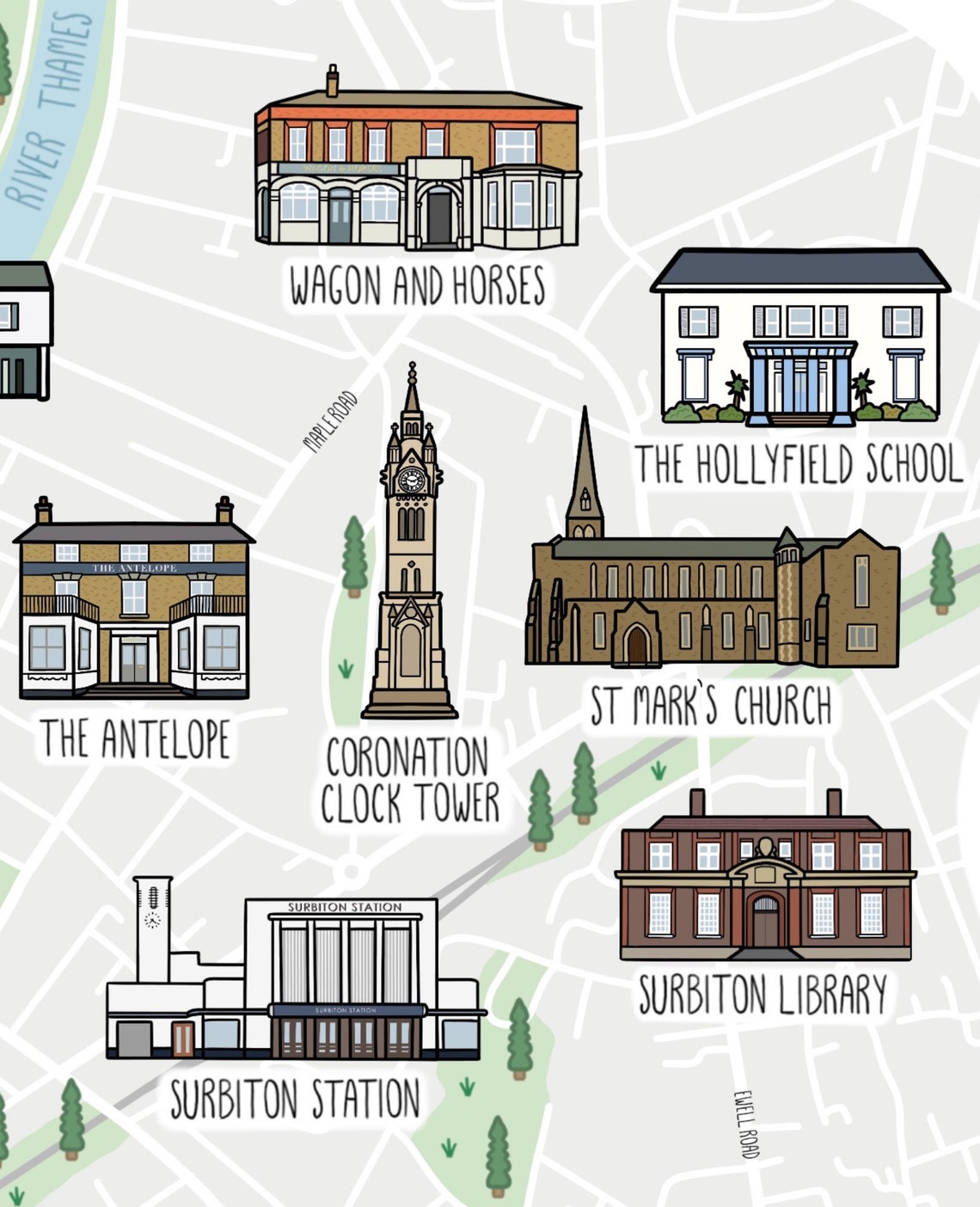 Map of Surbiton Illustrated Map of Surbiton Surbiton Map - Etsy