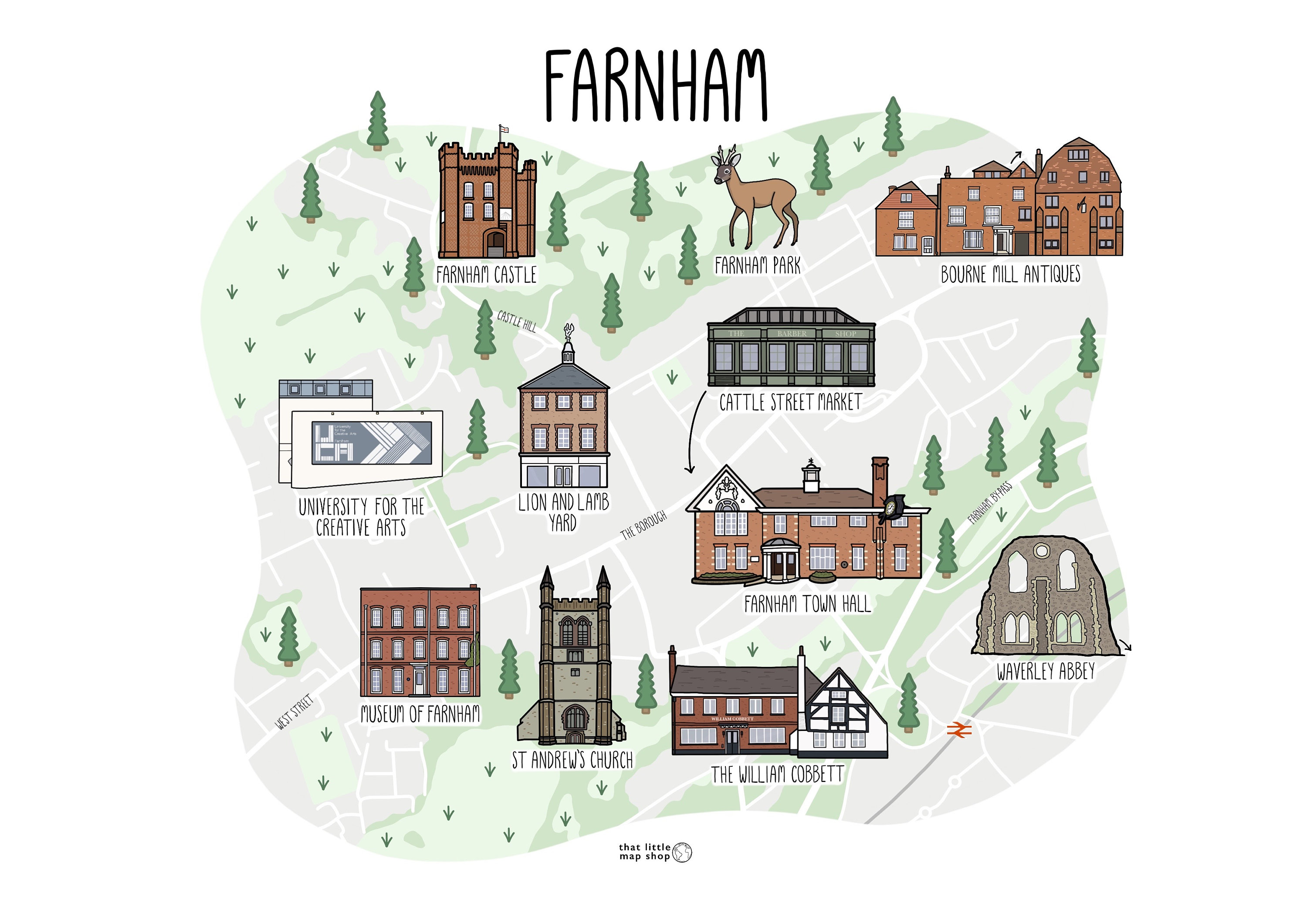 Farnham Map Print - Farnham Map - Illustrated Map of Farnham - Surrey ...