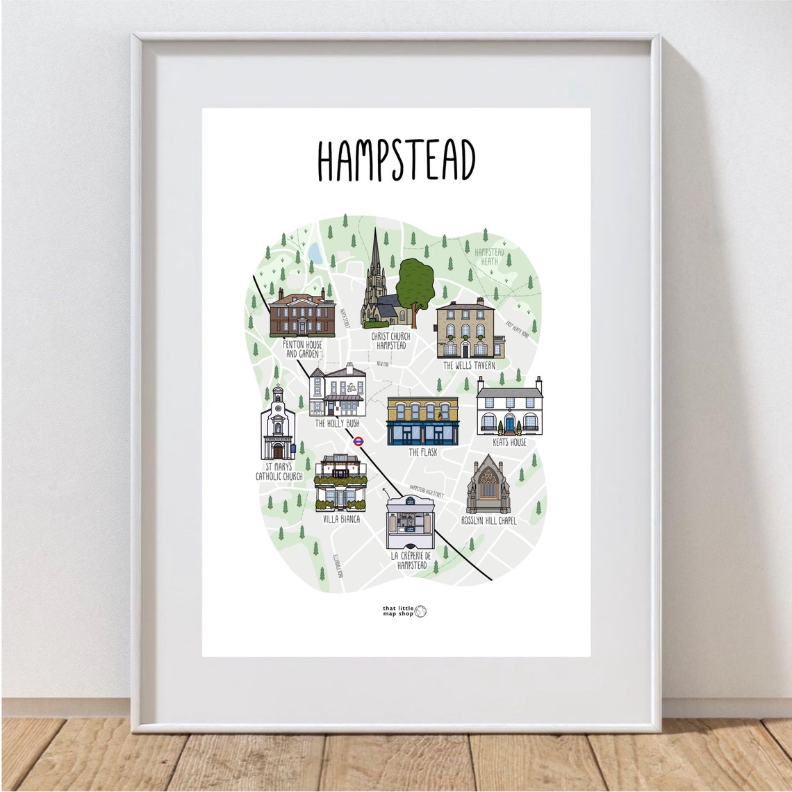 Map of Hampstead - Hampstead Map Illustration - Hampstead Heath London ...
