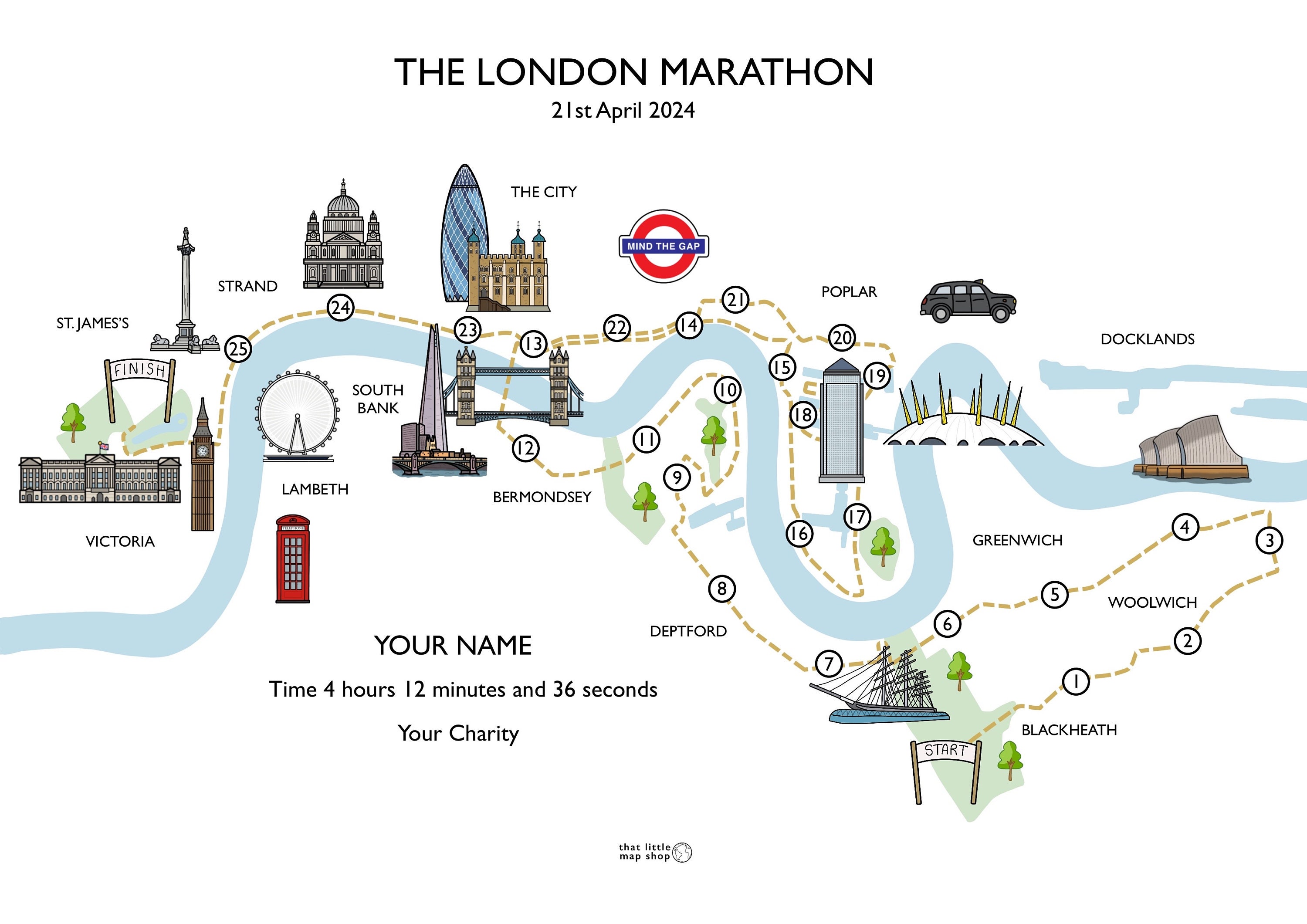 London Marathon Map - London Marathon - Custom Map - London Map ...