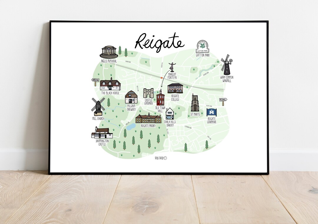 Map of Reigate (landscape) - Reigate Map Print - Hand Drawn Map ...