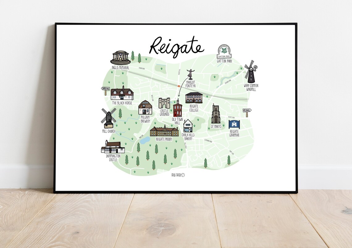 Map of Reigate landscape Reigate Map Print Hand Drawn - Etsy