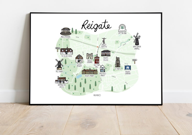 Map of Reigate landscape Reigate Map Print Hand Drawn - Etsy