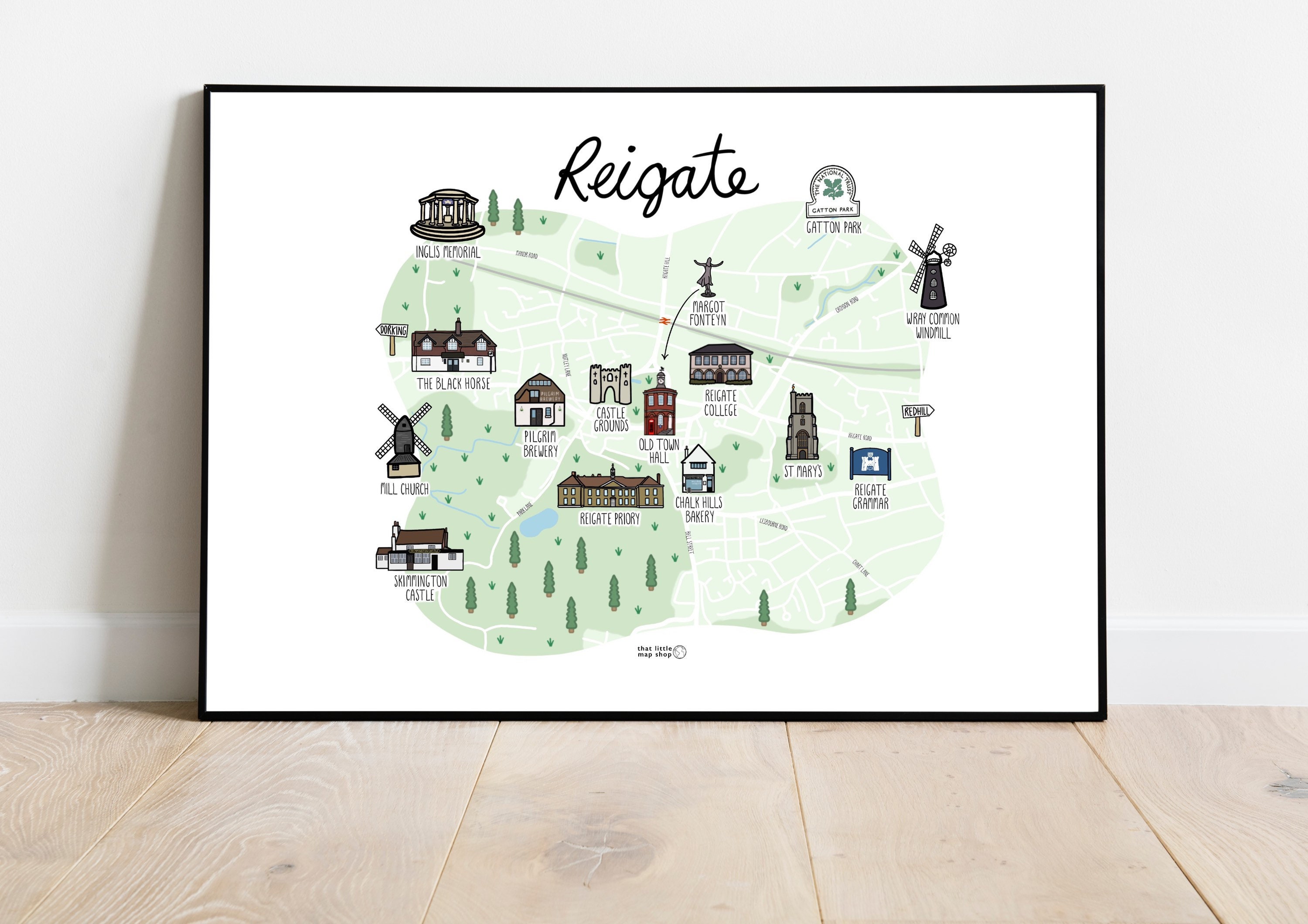 Map of Reigate landscape Reigate Map Print Hand Drawn - Etsy