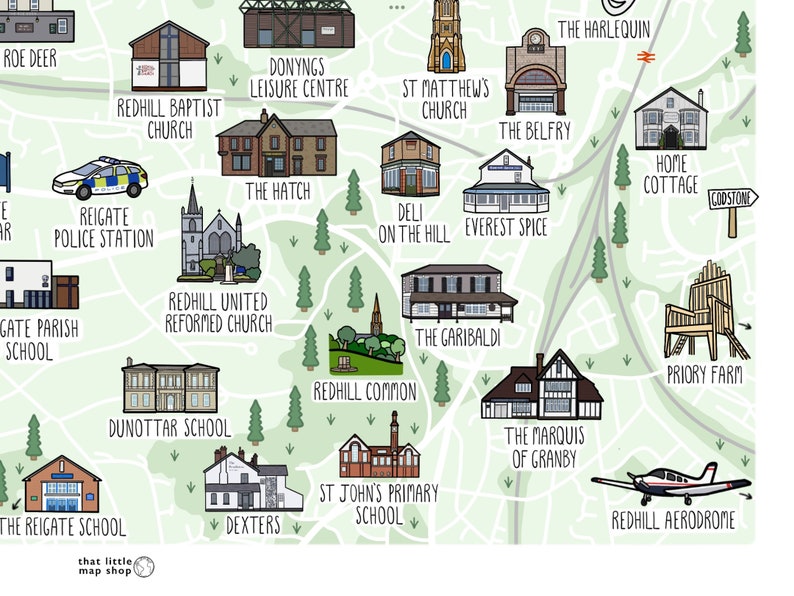 Map of Reigate and Redhill - Illustrated Map - Reigate Map - Redhill ...