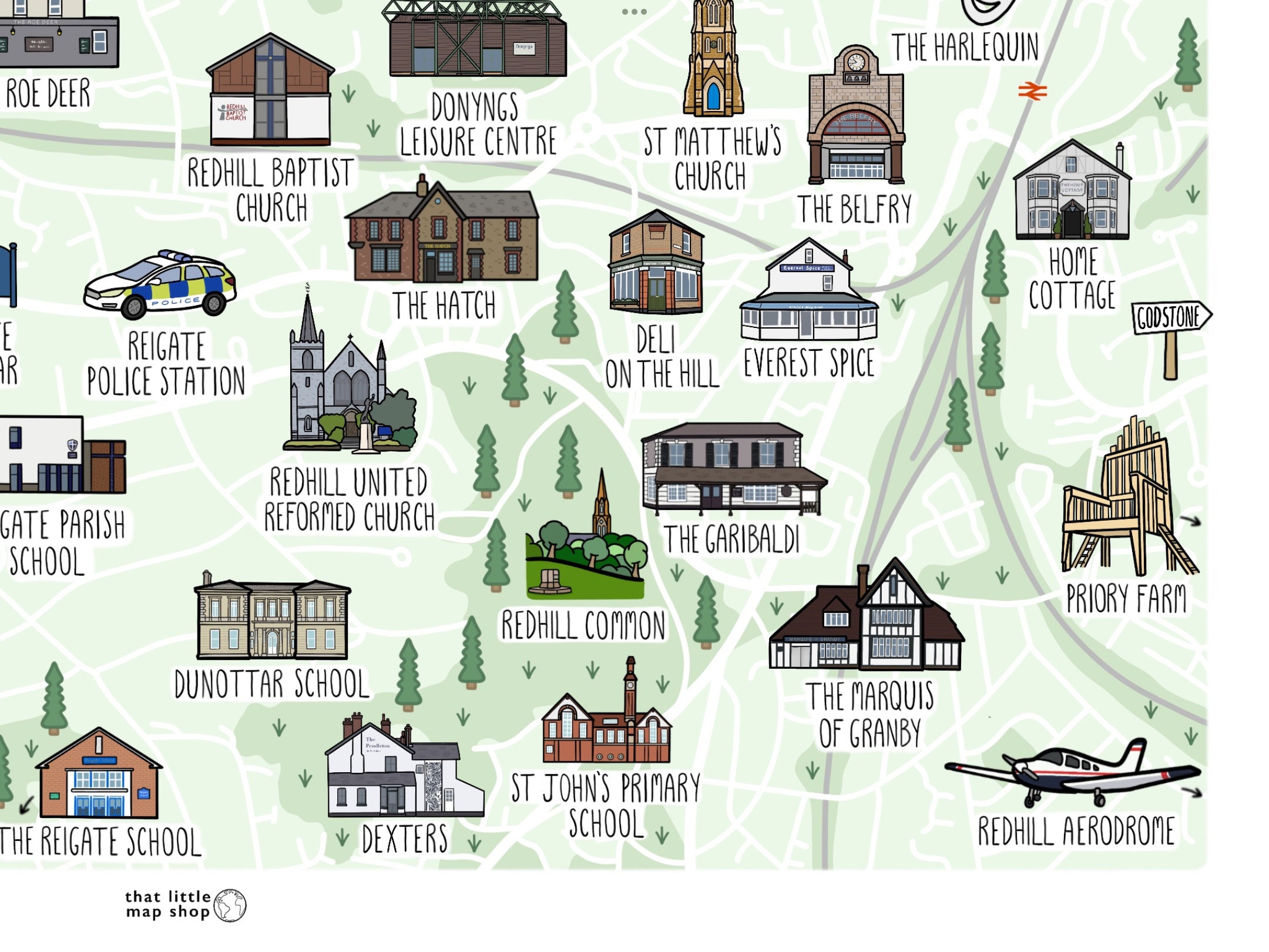 Map of Reigate and Redhill - Illustrated Map - Reigate Map - Redhill ...