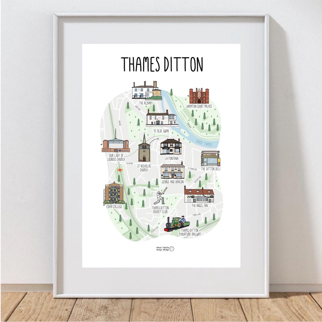 Thames Ditton Map Print: Surrey Illustrated Map, Wall Art Home Decor ...